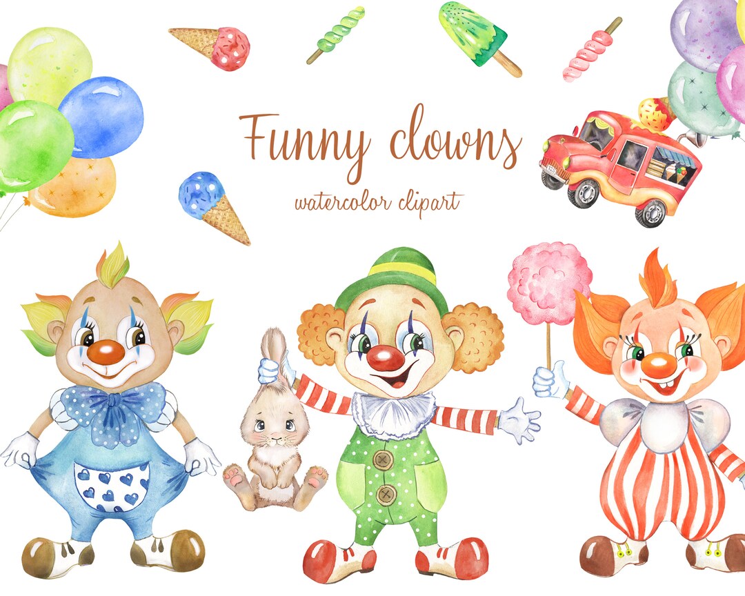 Funny Clowns Watercolor Clipart: Circus PNG (digital Download) - Etsy