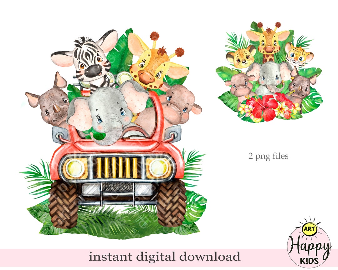 Watercolor Safari Animals Truck PNG: Birthday Card Design (digital ...
