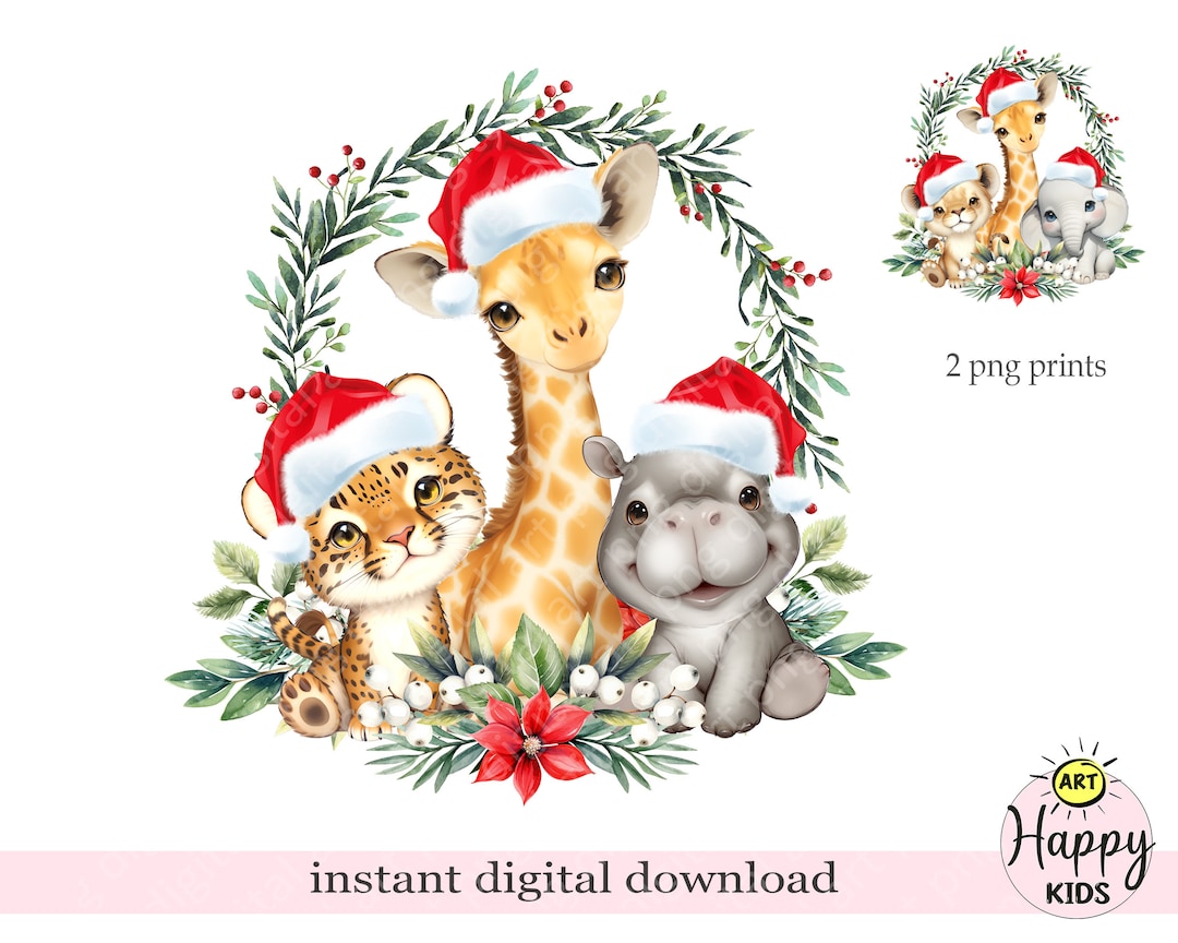 Christmas Safari Animals PNG, Santa Hat Animals, First Christmas ...