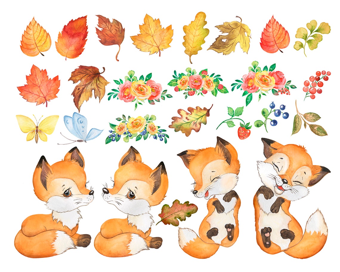 Fox Watercolor Clipart. Autumn Leaf Fall Forest Animals - Etsy
