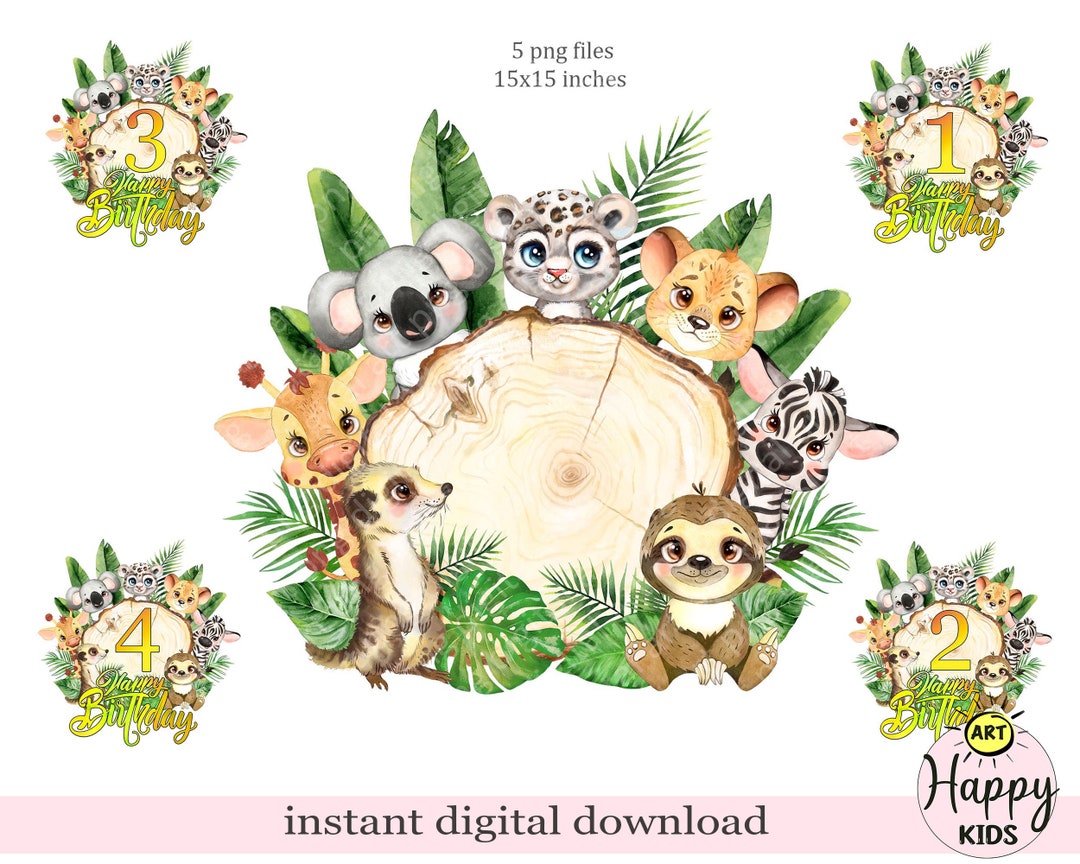 Baby Safari Animals Log Slice PNG, Watercolor Animals, Birthday ...