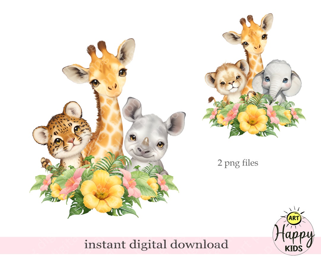 Safari Animals PNG, Cute Elephant, Giraffe, Leopard, Lion Cub, Card ...