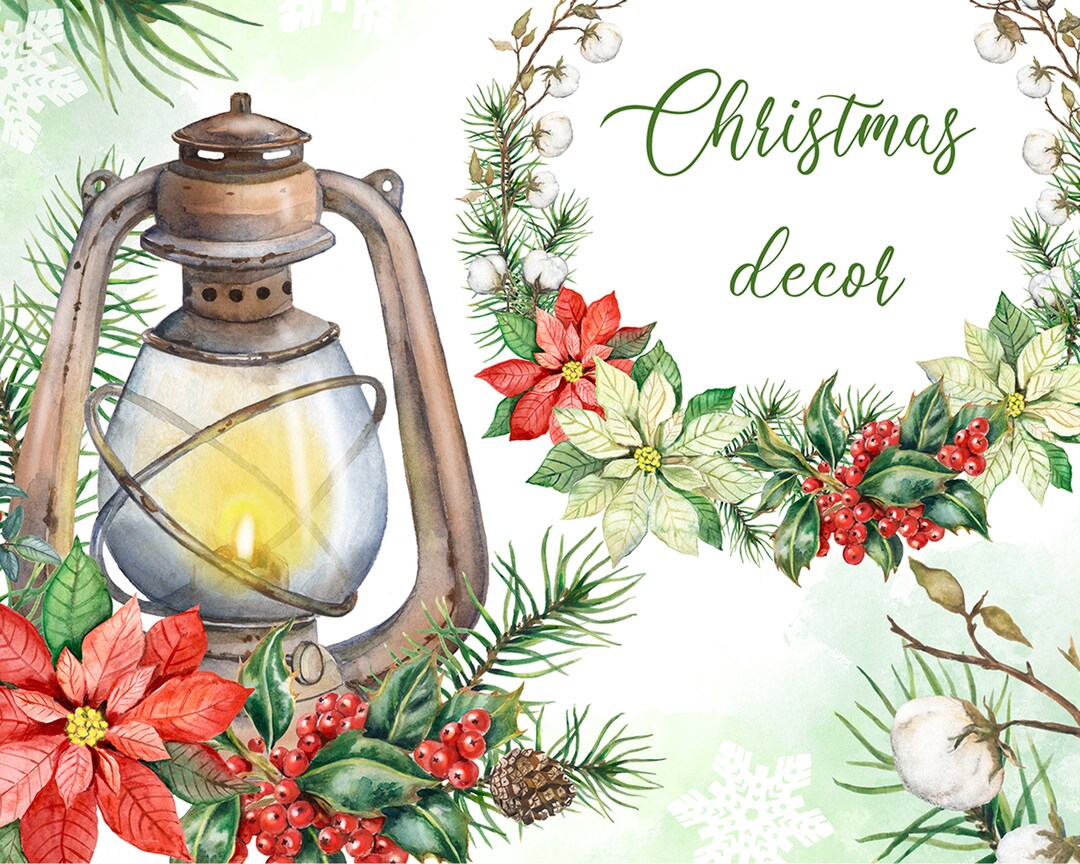Merry Christmas Watercolor Clipart, Christmas Decor PNG, Poinsettia ...
