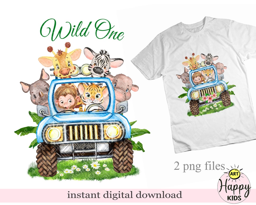 Safari Watercolor Animals in Jungle Car Kids Print. One Wild Animal Png ...