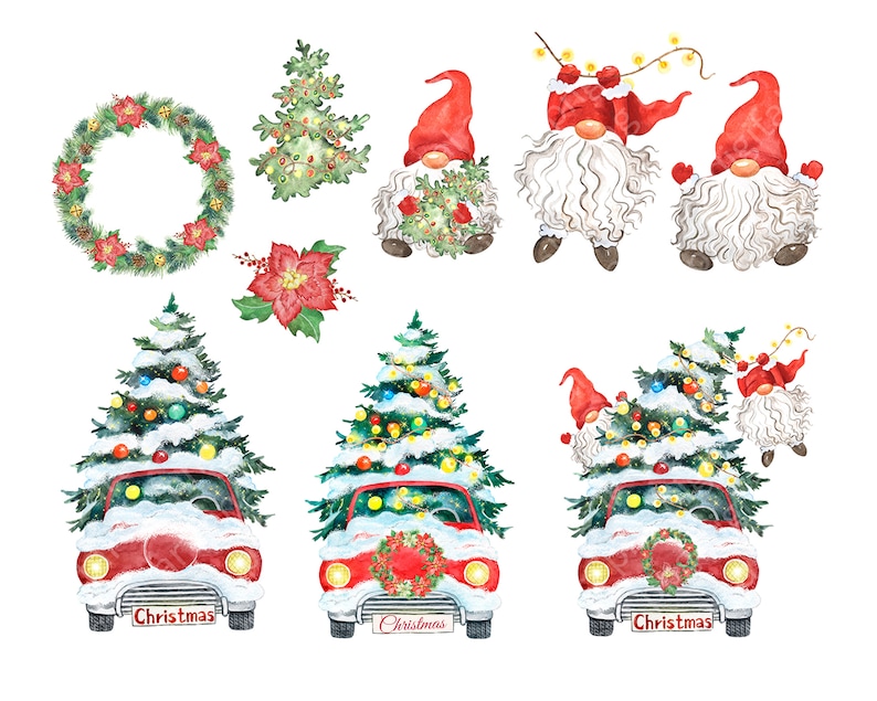 Christmas Gnomes With Red Car Christmas Watercolor Clipart - Etsy