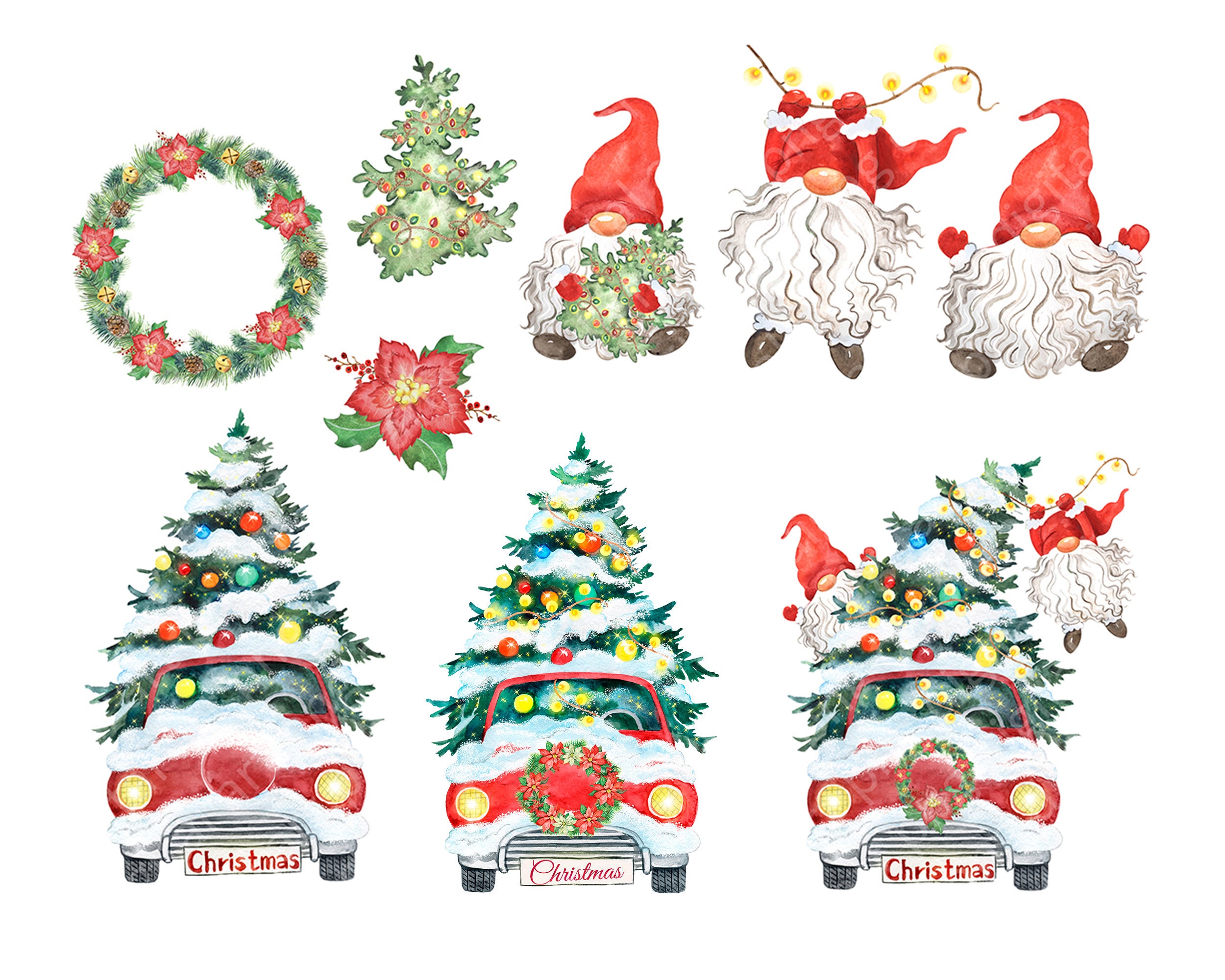 Christmas Gnomes With Red Car Christmas Watercolor Clipart - Etsy
