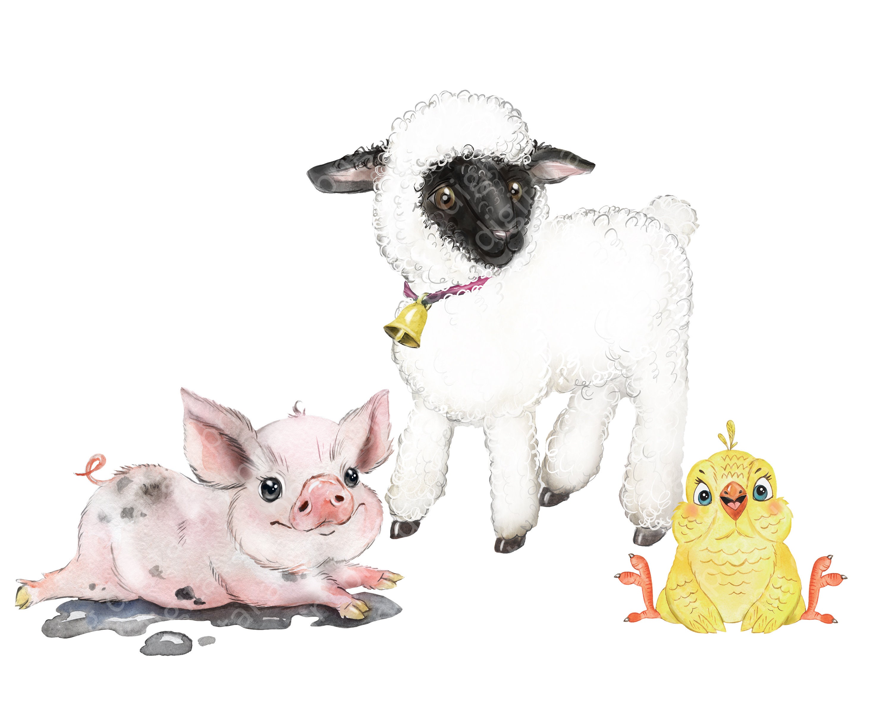 Farm Animals Watercolor Clipart. Little Cow Donkey Goat. - Etsy