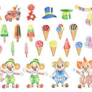 Funny Clowns Watercolor Clipart. Circus Clipart, Clowns Png, Ice Cream ...