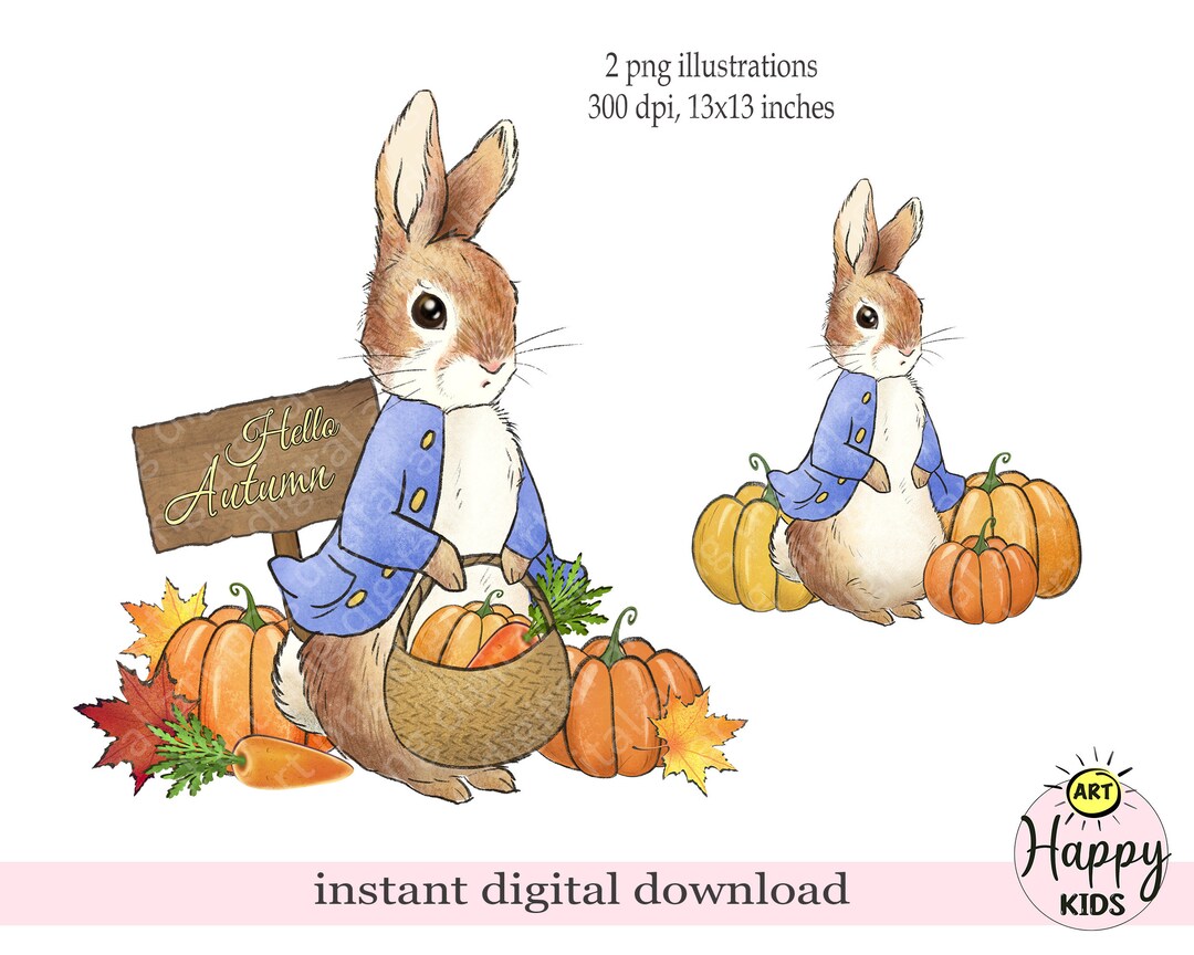 Peter Rabbit Design, Rabbit Sublimation. Autumn Leaves, Pumpkins ...