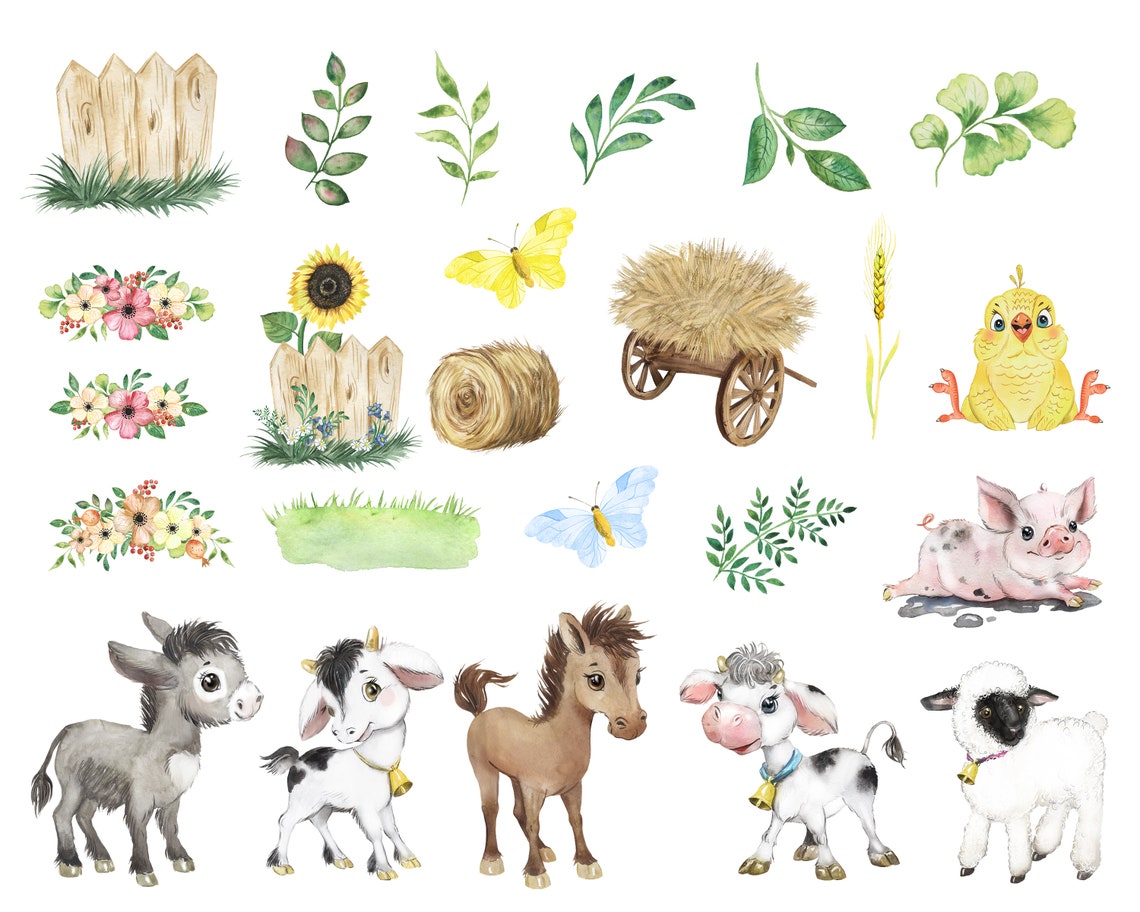 Farm Animals Watercolor Clipart. Little Cow Donkey Goat. - Etsy
