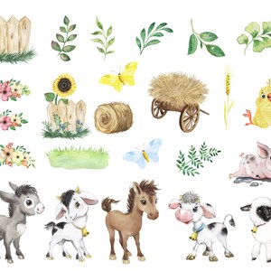 Farm Animals Watercolor Clipart. Little Cow, Donkey, Goat, Cute Animals ...