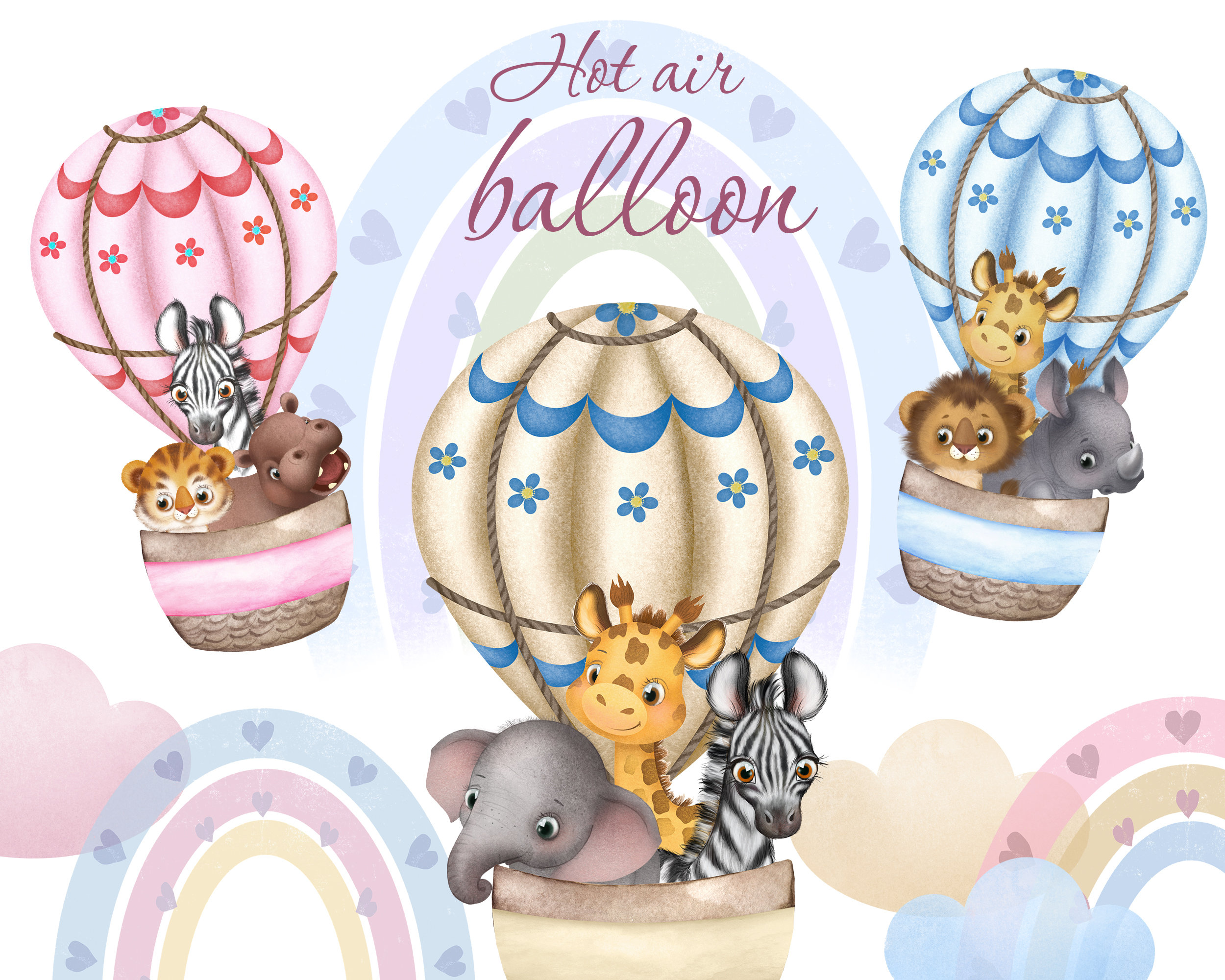 Hot Air Balloon Safari Animals Watercolor Png Hot Air Balloon - Etsy