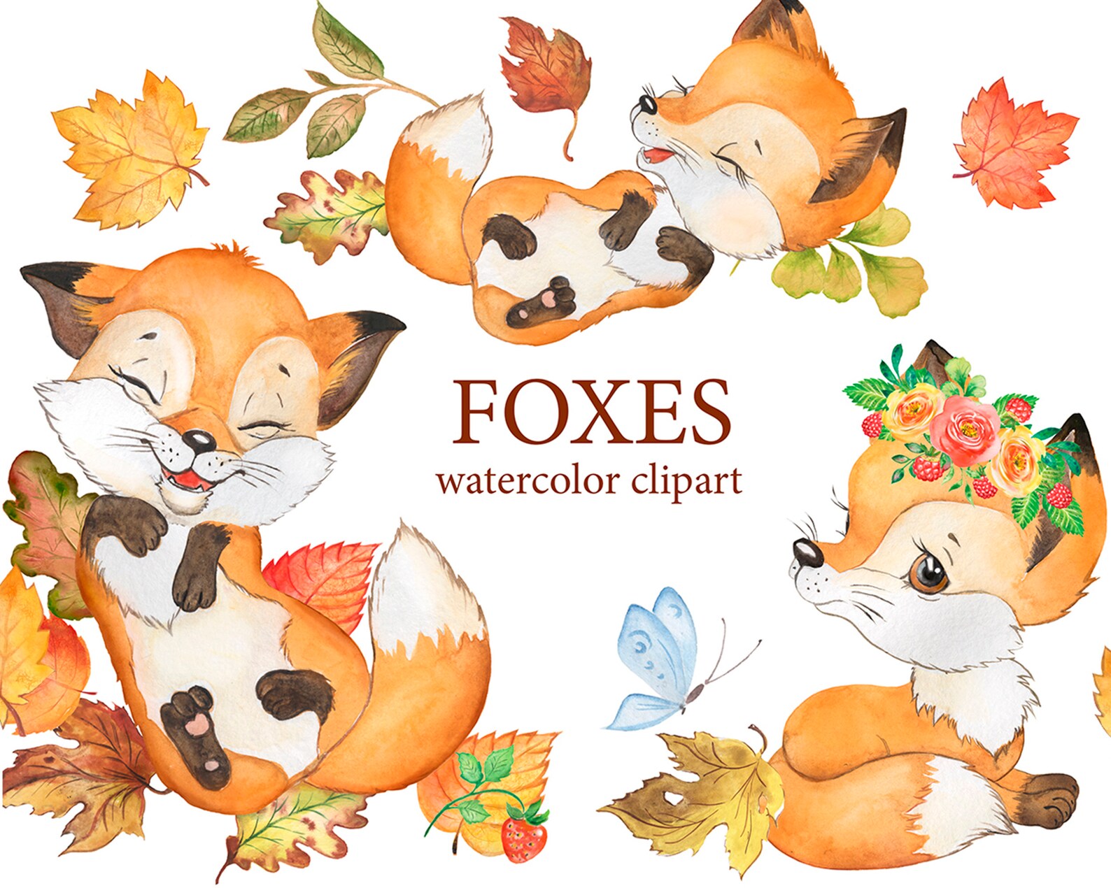 Fox Watercolor Clipart. Autumn Leaf Fall Forest Animals - Etsy
