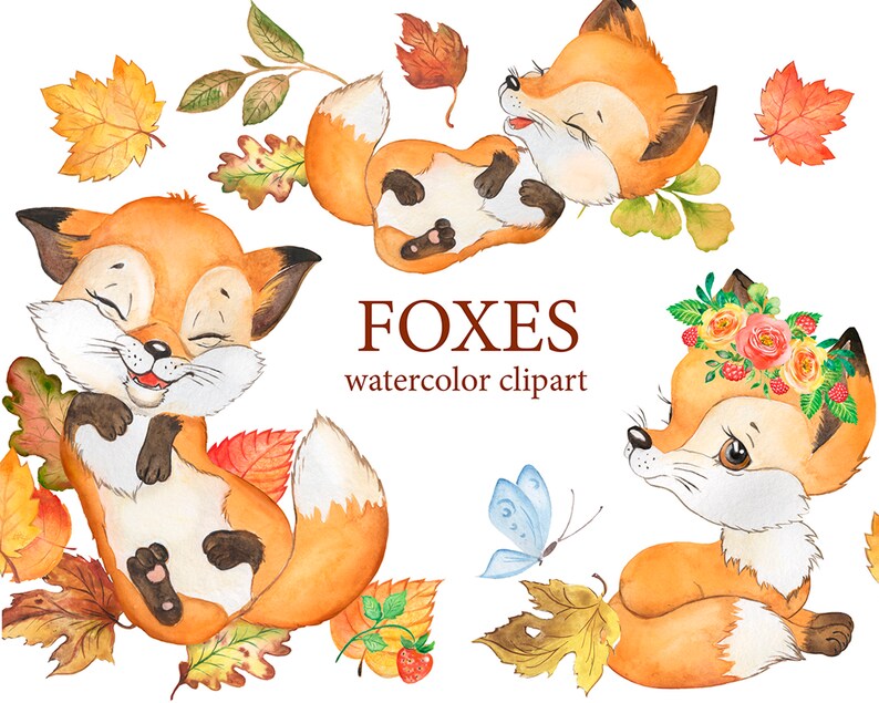 Fox Watercolor Clipart. Autumn Leaf Fall Forest Animals - Etsy