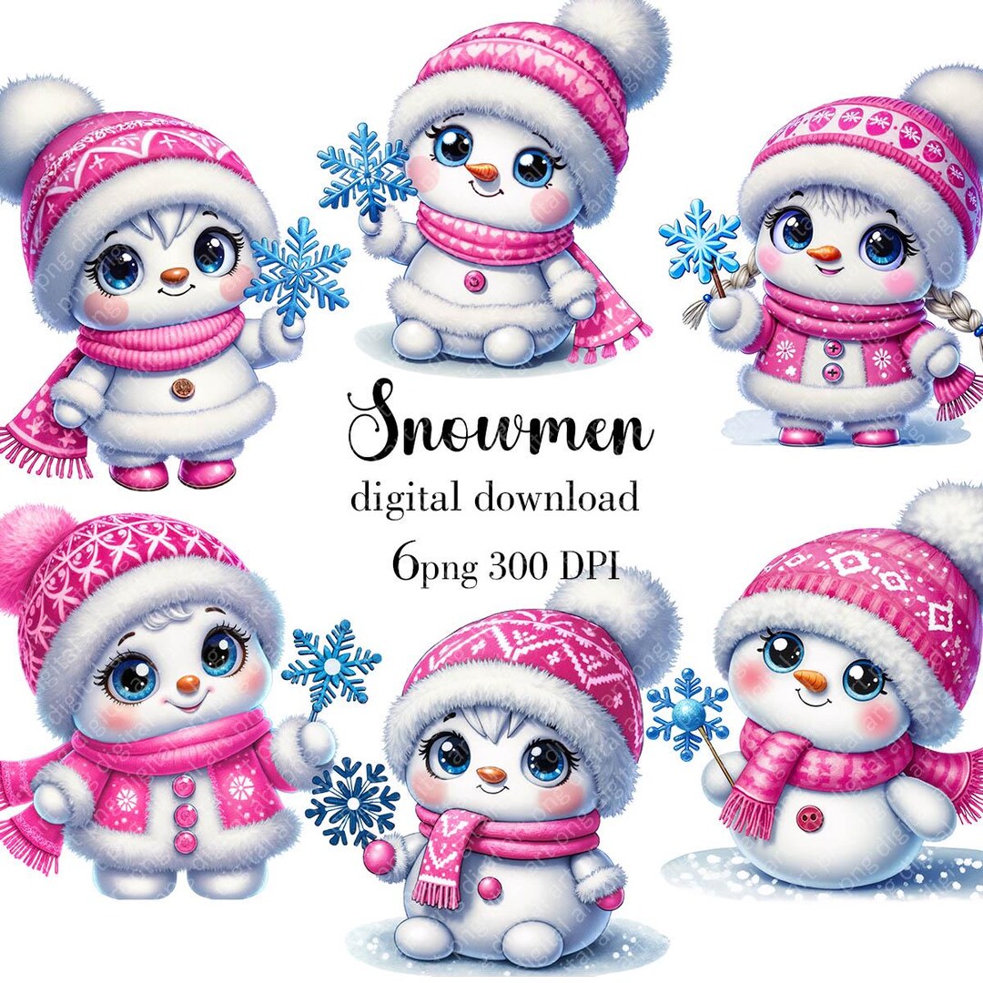 Pink Snowmen Clipart for Christmas Crafts - PNG File for Holiday Cards ...