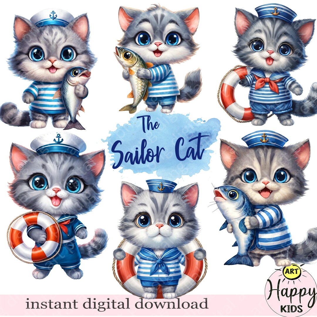 Sailor Cat PNG Sublimation, Sailor Cat Cute Watercolour Png, Sailor Cat ...