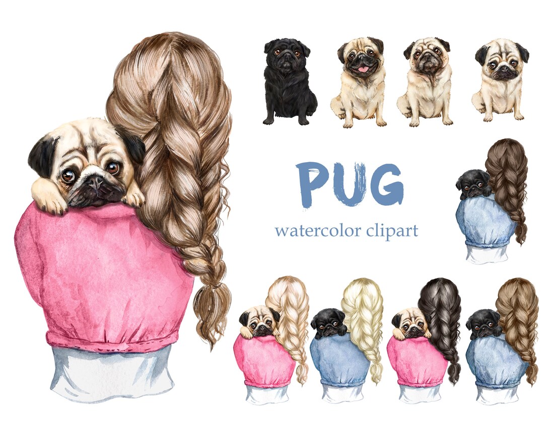 Pug Dog Watercolor Clipart. Pug Dog Print. Gift for Dog Lovers. Girls ...