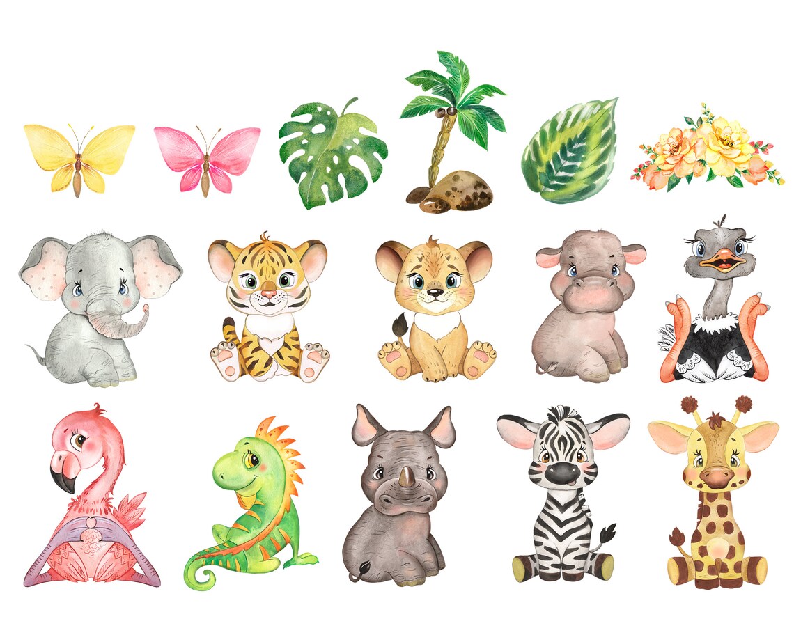 Safari Animals Watercolor Clipart Jungle Animals Cute - Etsy