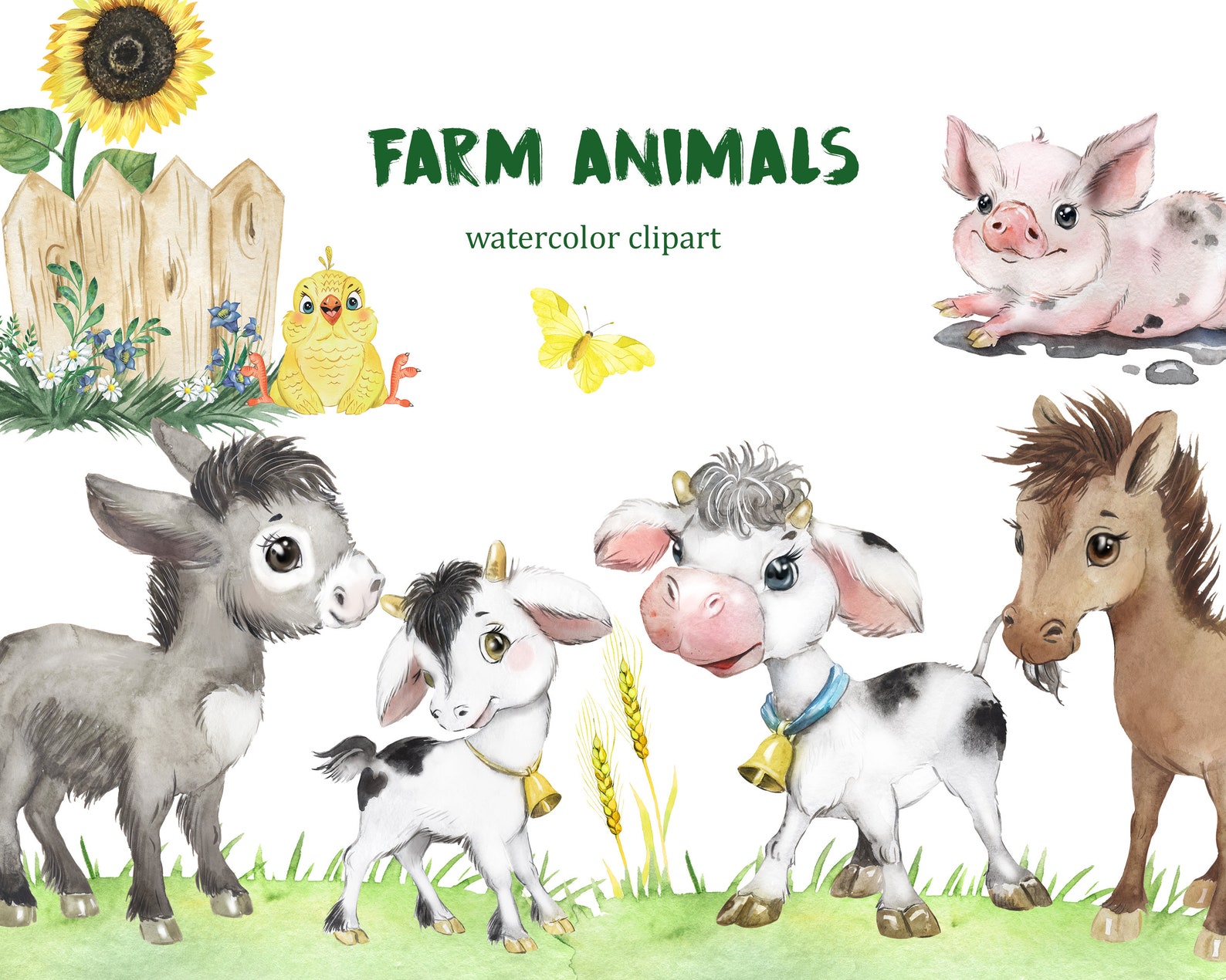 Farm Animals Watercolor Clipart. Little Cow Donkey Goat. - Etsy