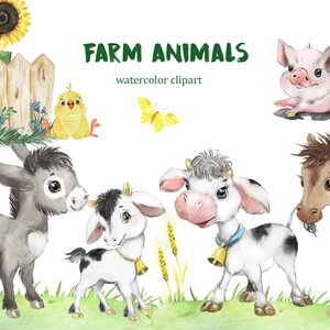 Farm Animals Watercolor Clipart. Little Cow, Donkey, Goat, Cute Animals ...
