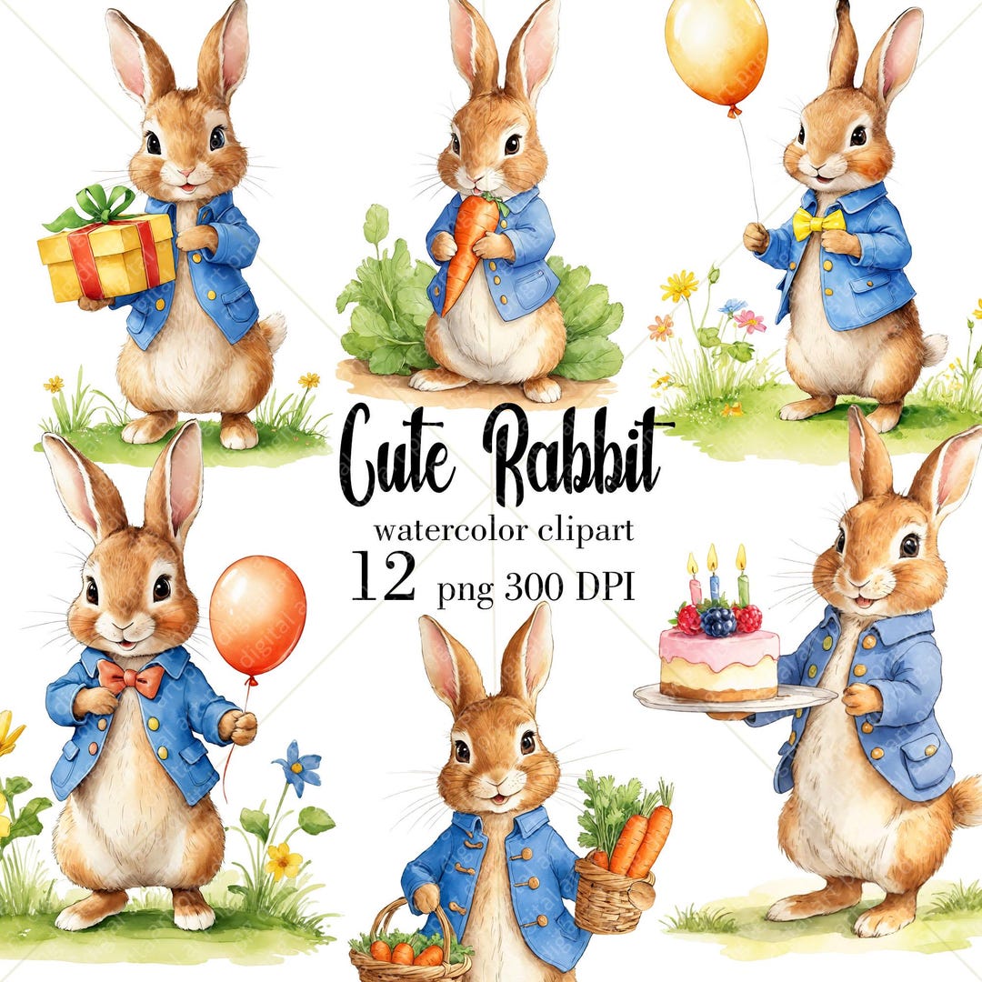 Peter Rabbit Clipart, Beatrix Potter Style, Watercolor Bunny Clipart ...