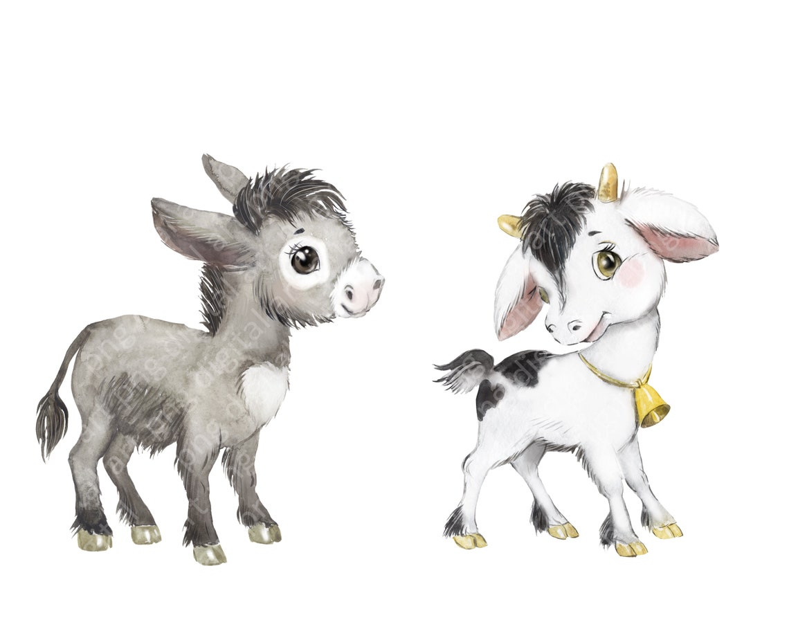 Farm Animals Watercolor Clipart. Little Cow Donkey Goat. - Etsy