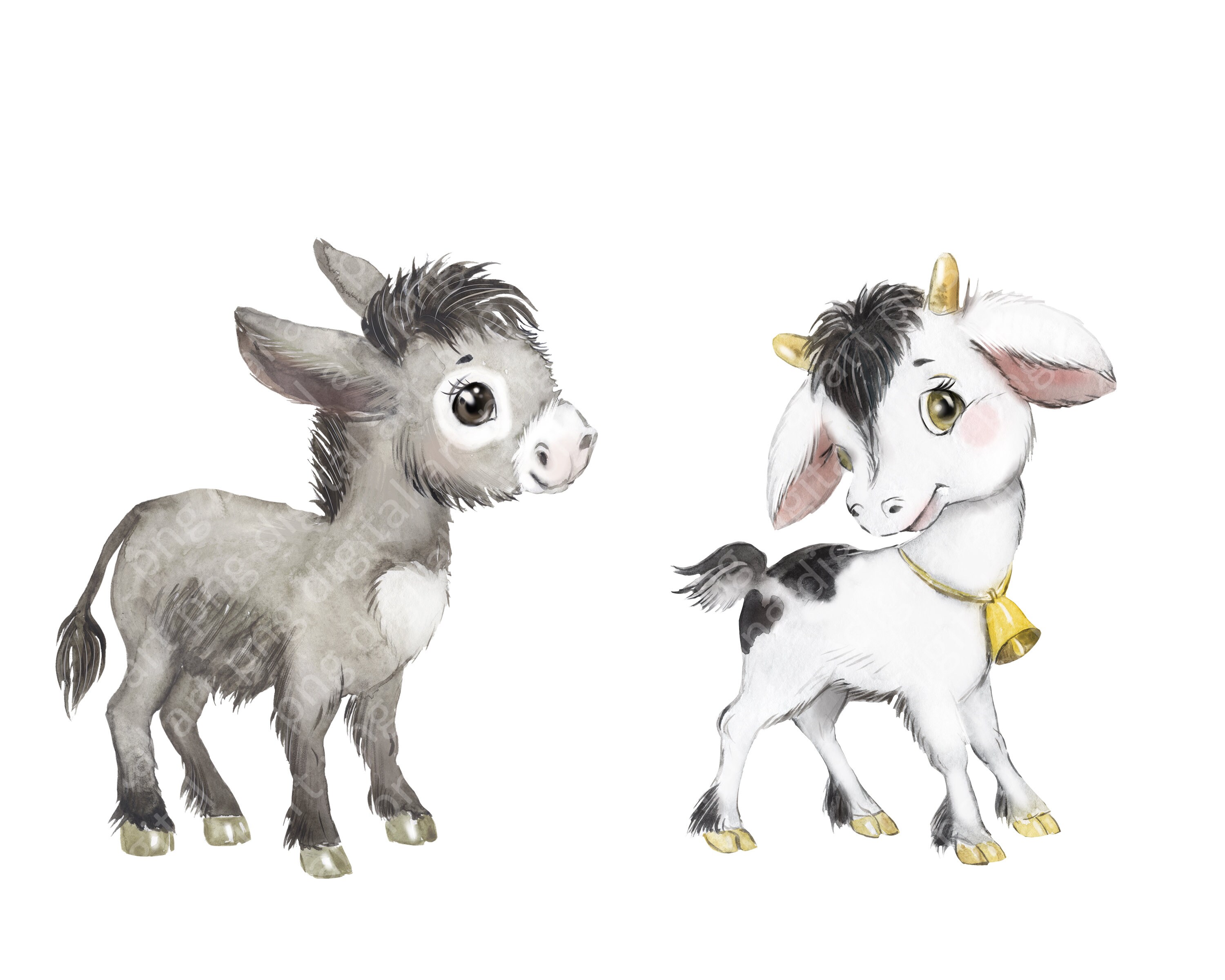 Farm Animals Watercolor Clipart. Little Cow Donkey Goat. - Etsy