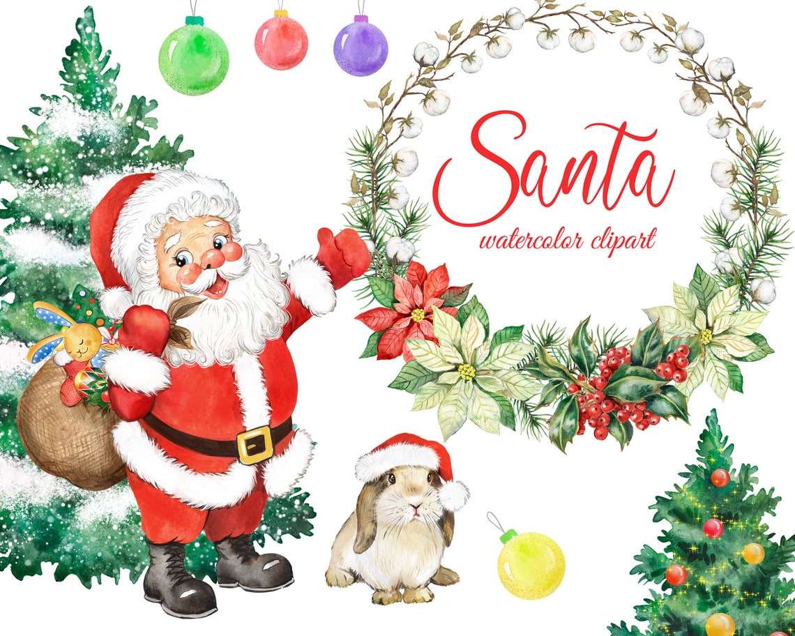 Merry Christmas Watercolor Clipart Santa Clipart Vintage - Etsy