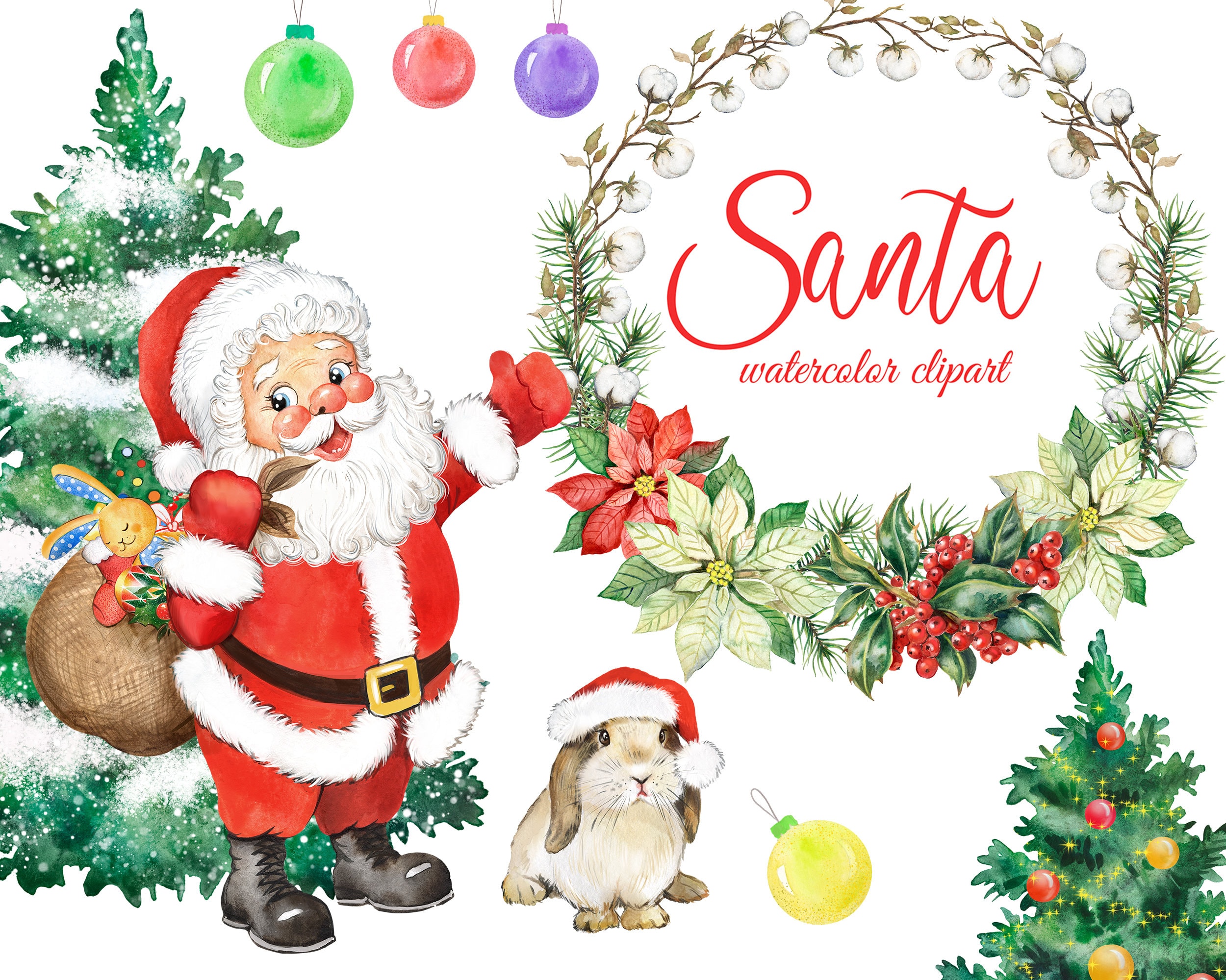 Merry Christmas Watercolor Clipart Santa Clipart Vintage - Etsy