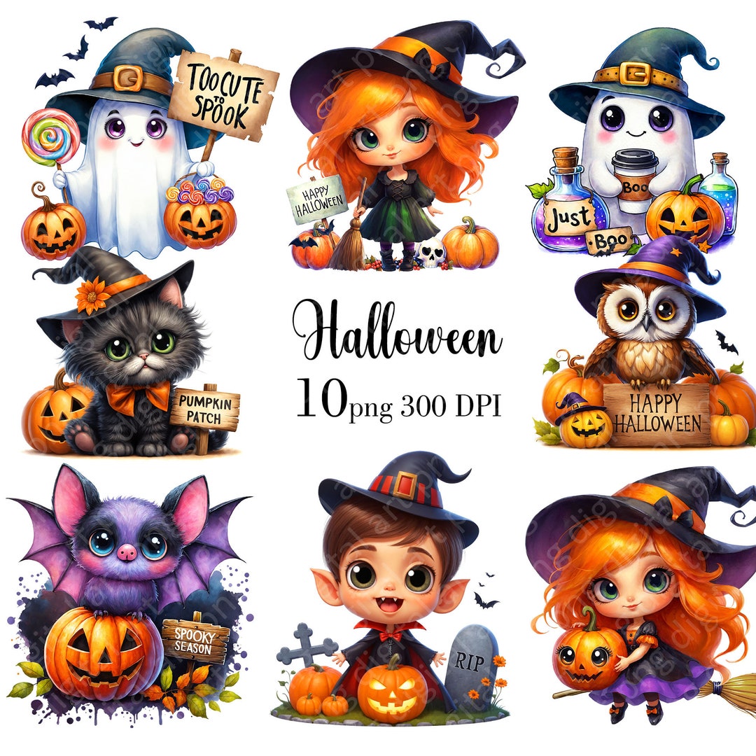 Halloween Clipart, Spooky Cute Print, Watercolor Halloween Clipart ...