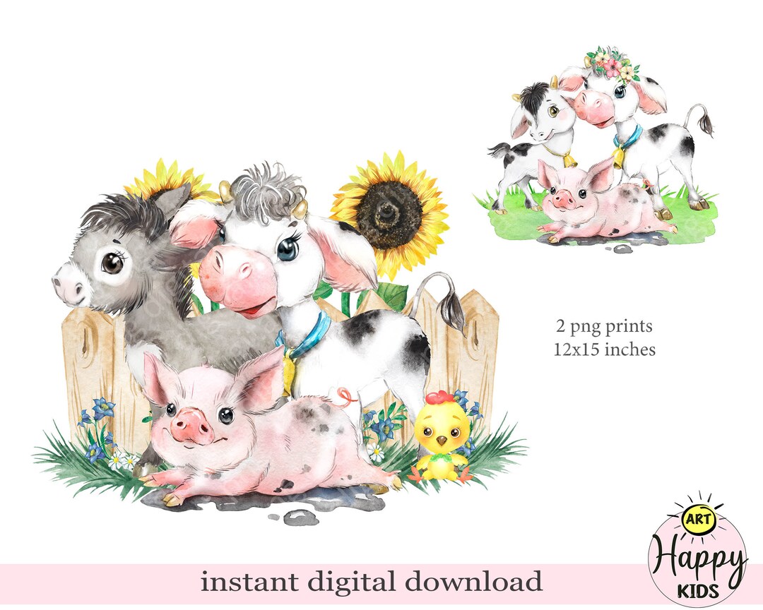Farm Animal Print. Happy Farm Animals. Printable Farm Animals. - Etsy