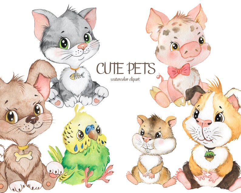 Pets Watercolor Clipart. Cute Baby Animals Clipart. - Etsy