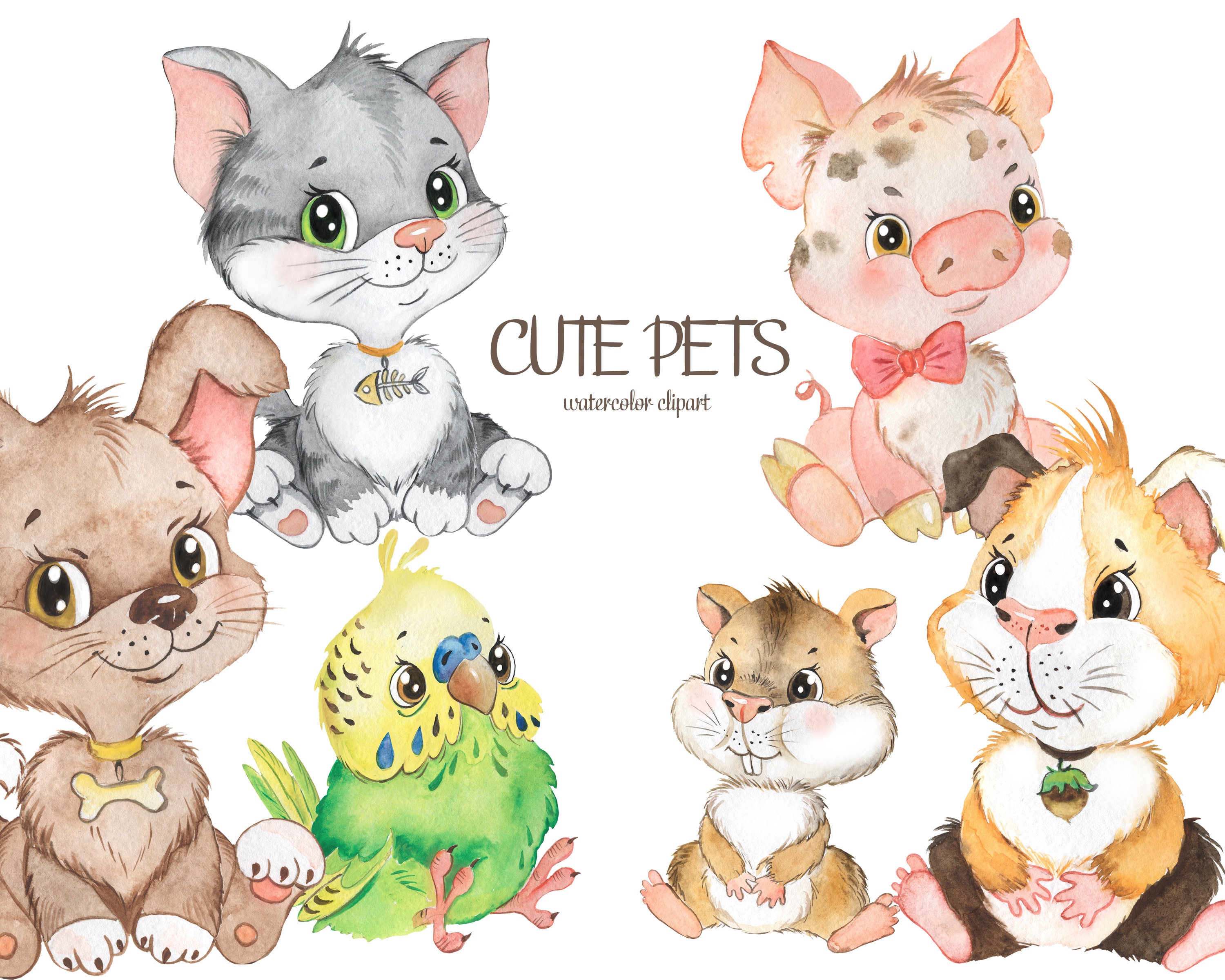 Pets Watercolor Clipart. Cute Baby Animals Clipart. - Etsy