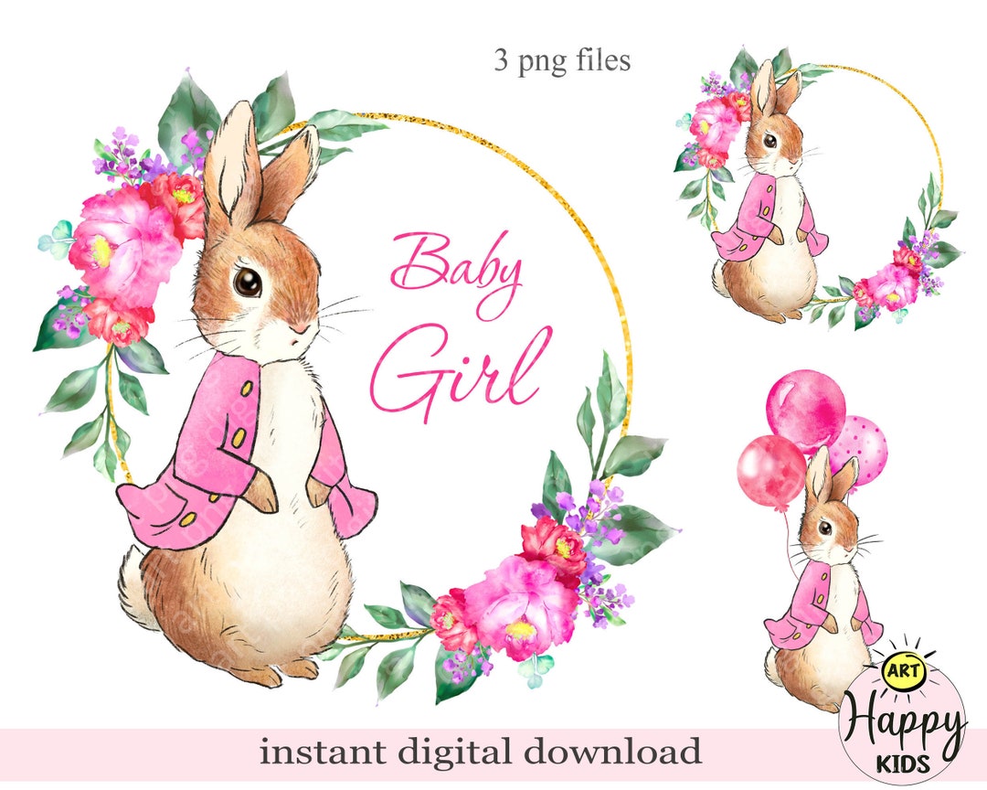 Pink Flopsy Bunny PNG, Baby Shower Design, Baby Girl Png Print, Frame ...
