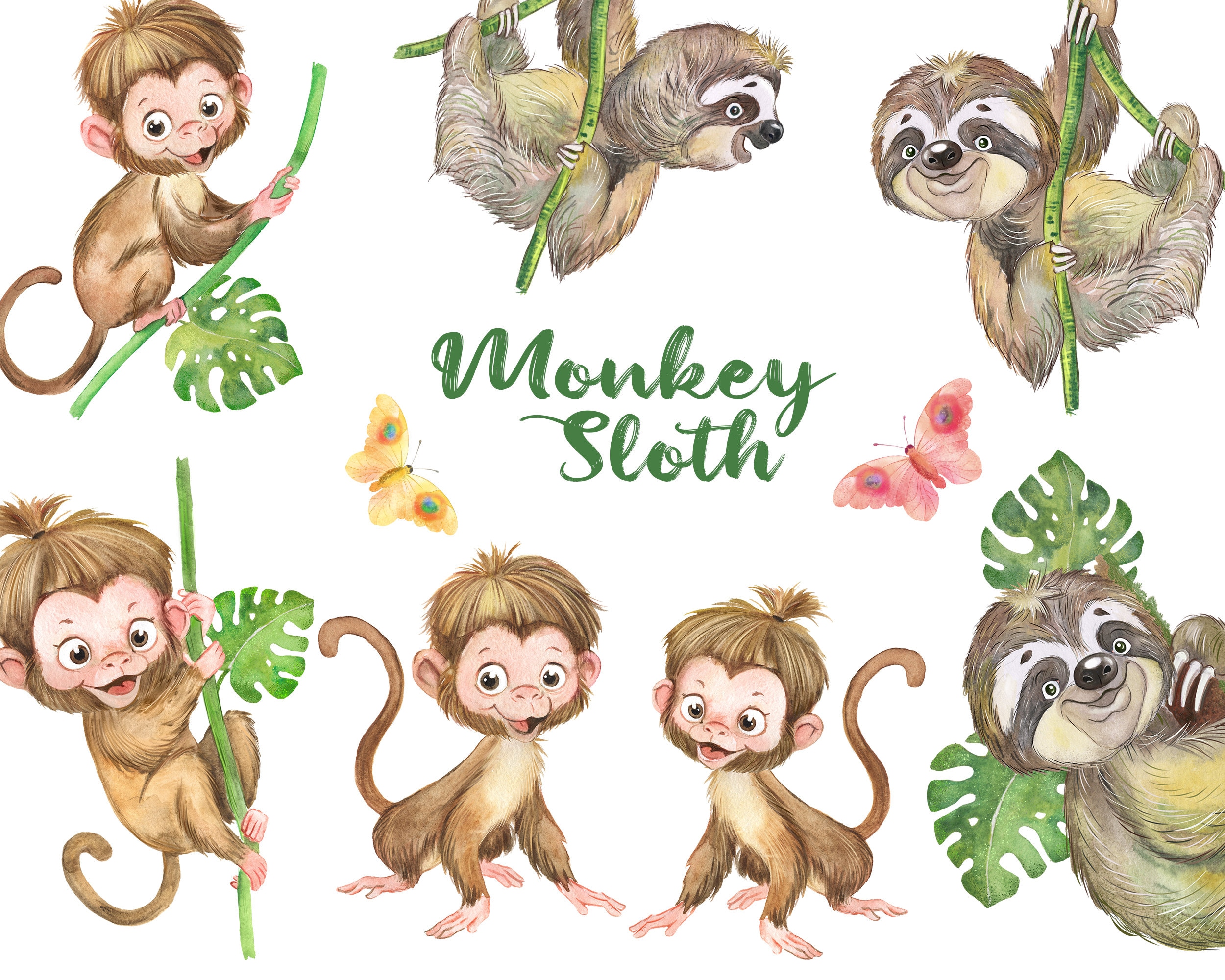 Jungle Animals Clipart Funny Monkeys Cute Sloths Baby - Etsy