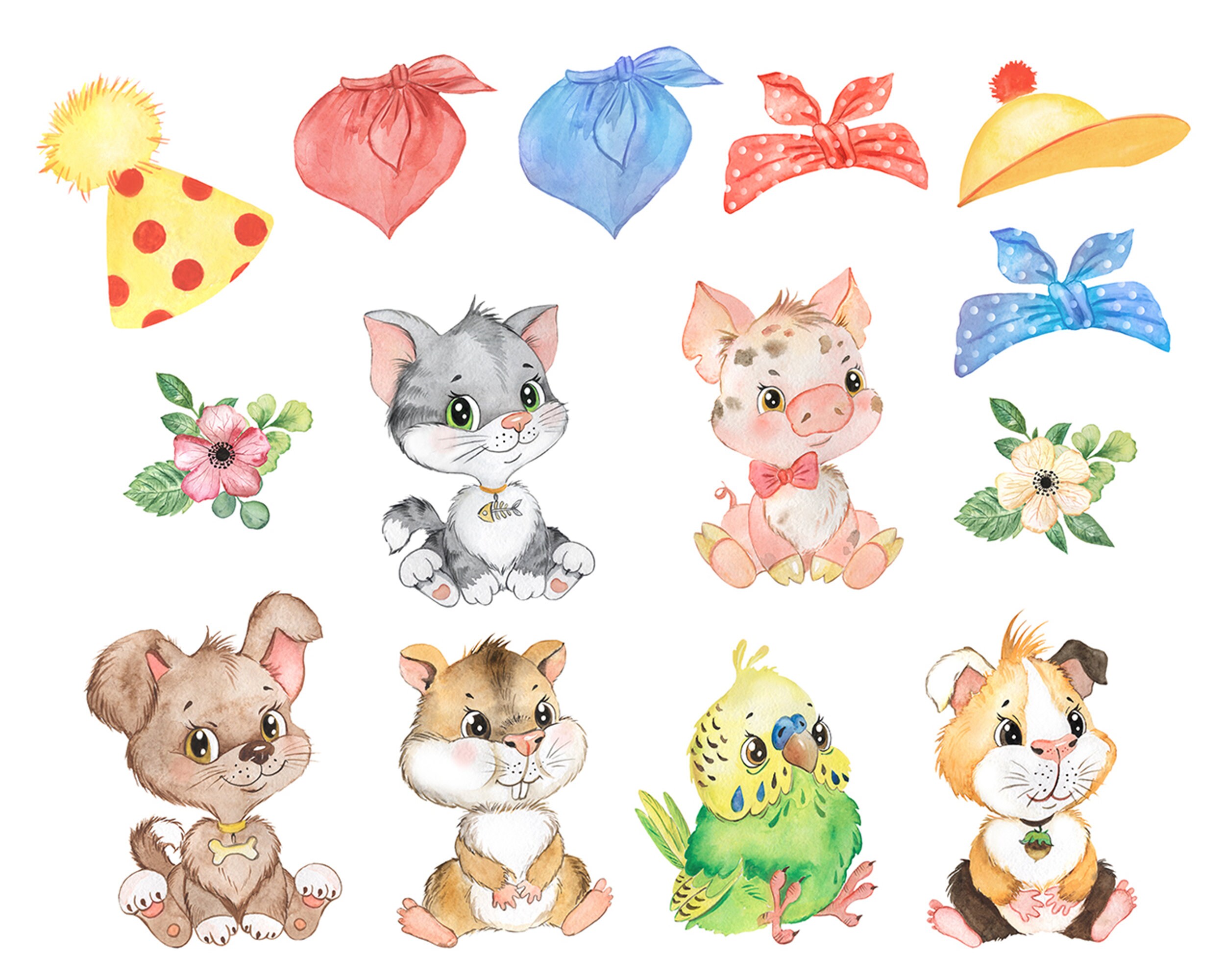 Pets Watercolor Clipart. Cute Baby Animals Clipart. - Etsy