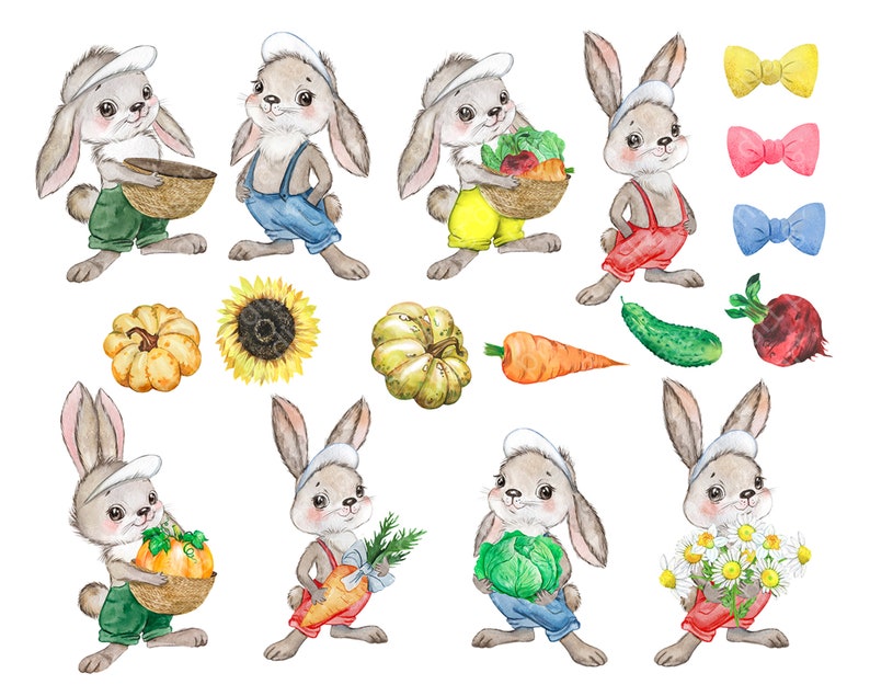 Rabbits Farmers Watercolor Clipart. Bunnies and Vegetables - Etsy