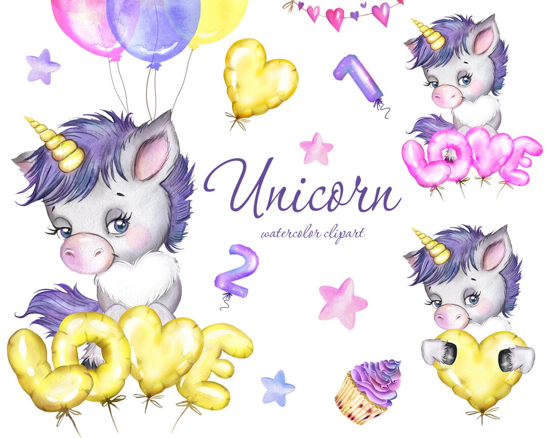 Cute Watercolor Unicorn Clipart, Magic Unicorn Graphics, Purple Unicorn ...