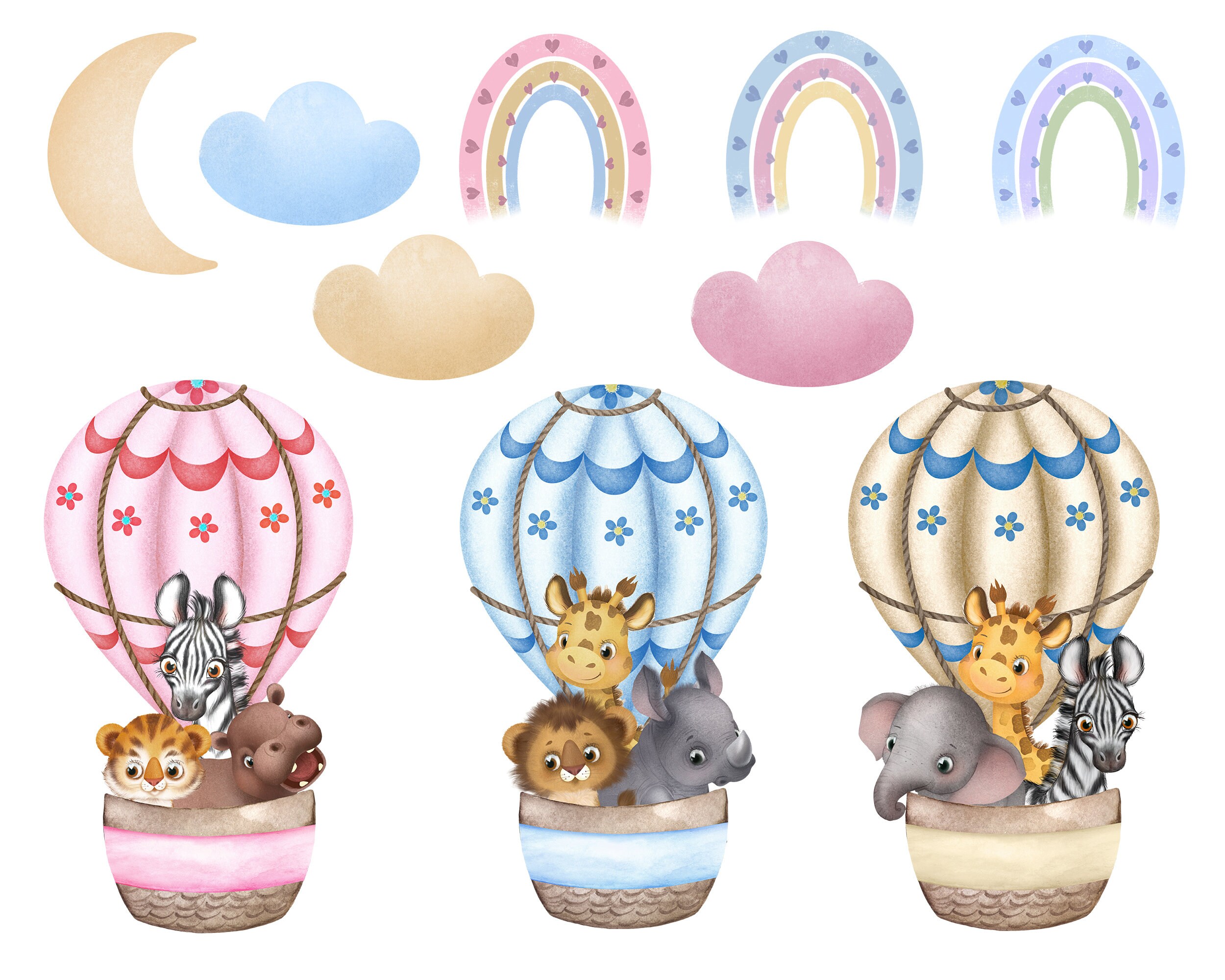 Hot Air Balloon Safari Animals Watercolor Png Hot Air Balloon - Etsy