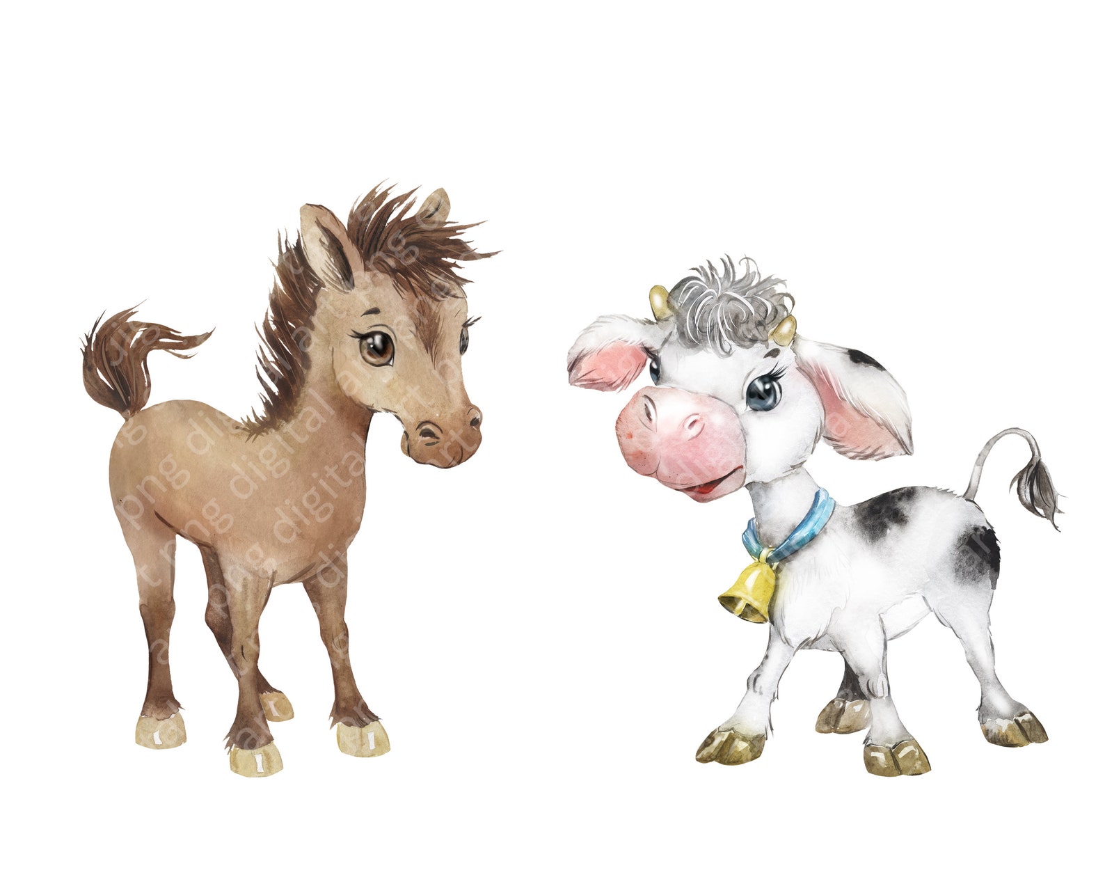 Farm Animals Watercolor Clipart. Little Cow Donkey Goat. - Etsy
