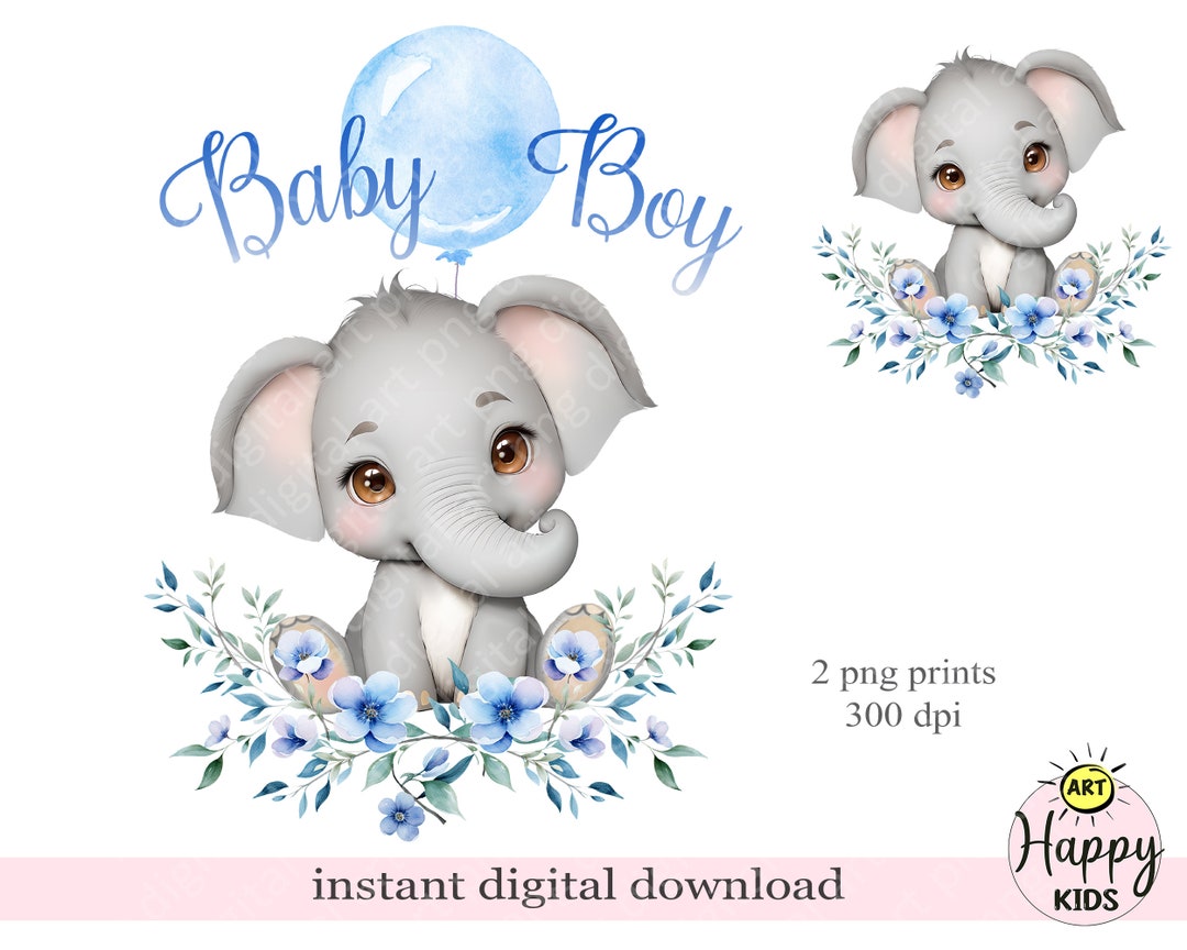 Baby Elephant PNG Print, Blue Boy Birthday Design, Instant Digital ...