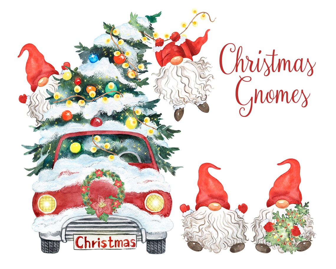 Christmas Gnomes With Red Car Christmas Watercolor Clipart - Etsy