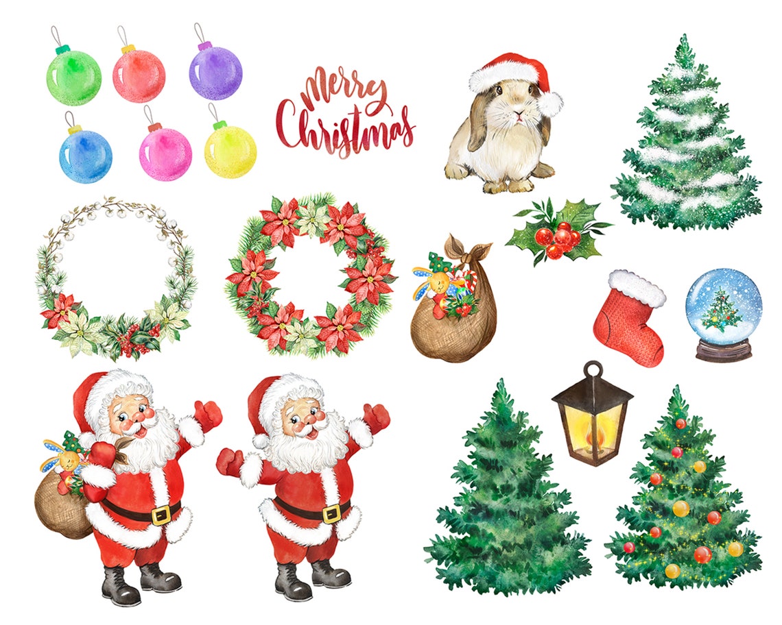 Merry Christmas Watercolor Clipart Santa Clipart Vintage - Etsy