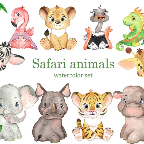 Safari Animals Watercolor Clipart Jungle Animals Cute - Etsy