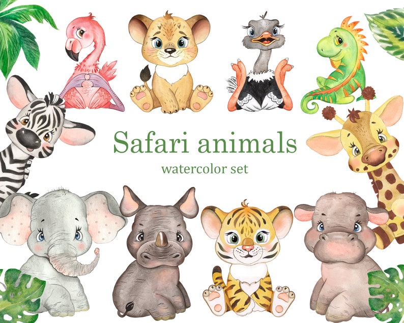 Safari Animals Watercolor Clipart Jungle Animals Cute - Etsy