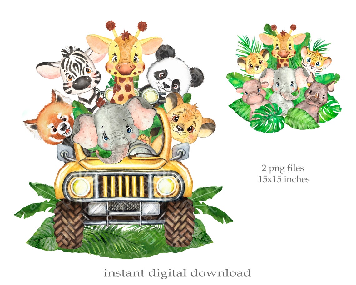 Safari Watercolor Animals in Jungle Car Kids Print. Printable - Etsy