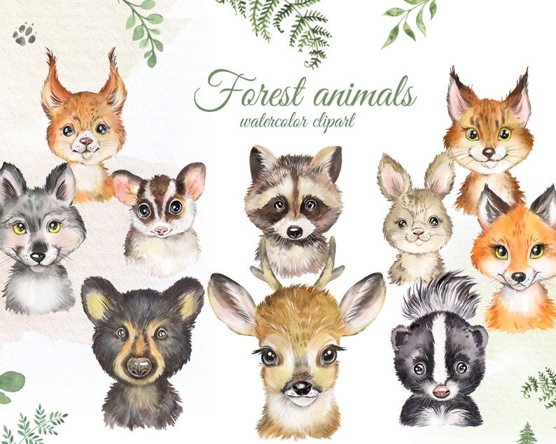 Forest Animals Watercolor Clipart Bear Fox Wolf Squirrel - Etsy