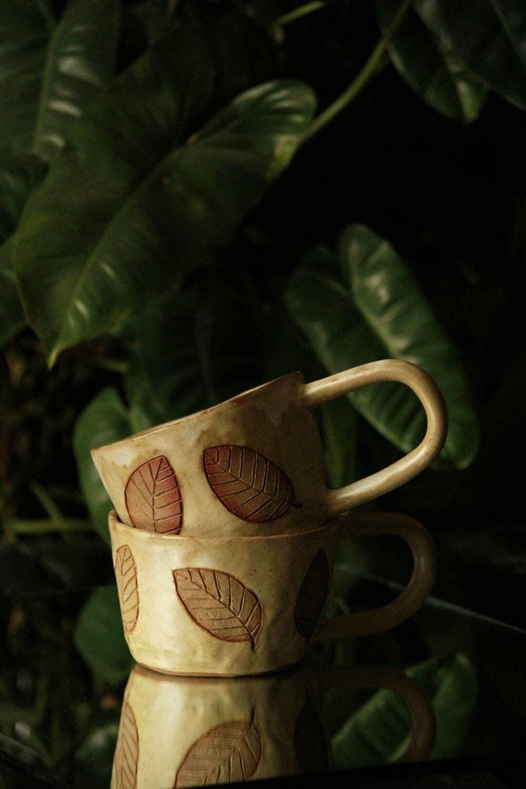 Ceramic Mugs Rustic Carved Leaf Design Beige Mugs Handmade Coffee Mugs ...