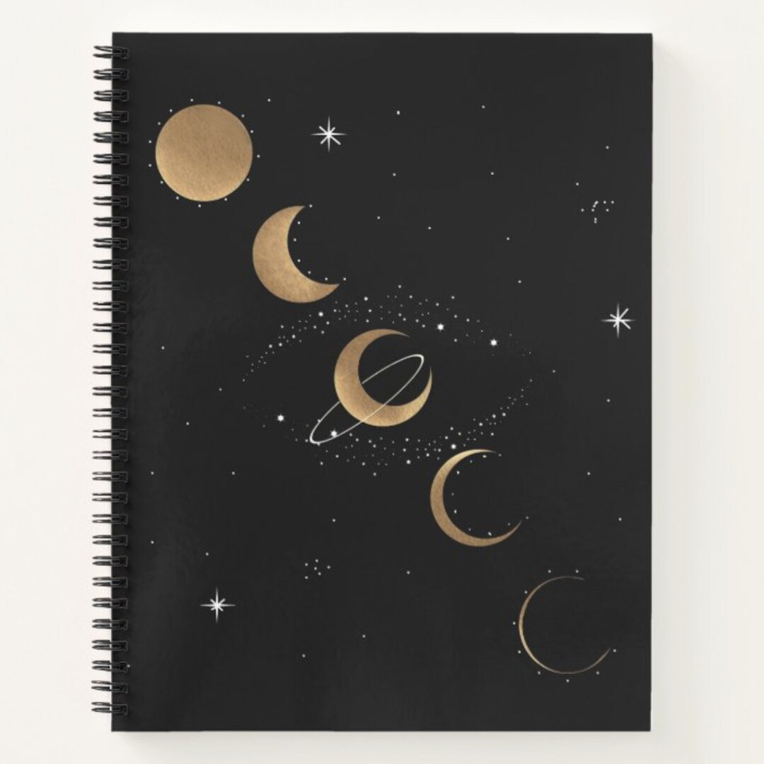 Phases of the Moon Spiral Notebook | Black Blank Lined College Ruled ...
