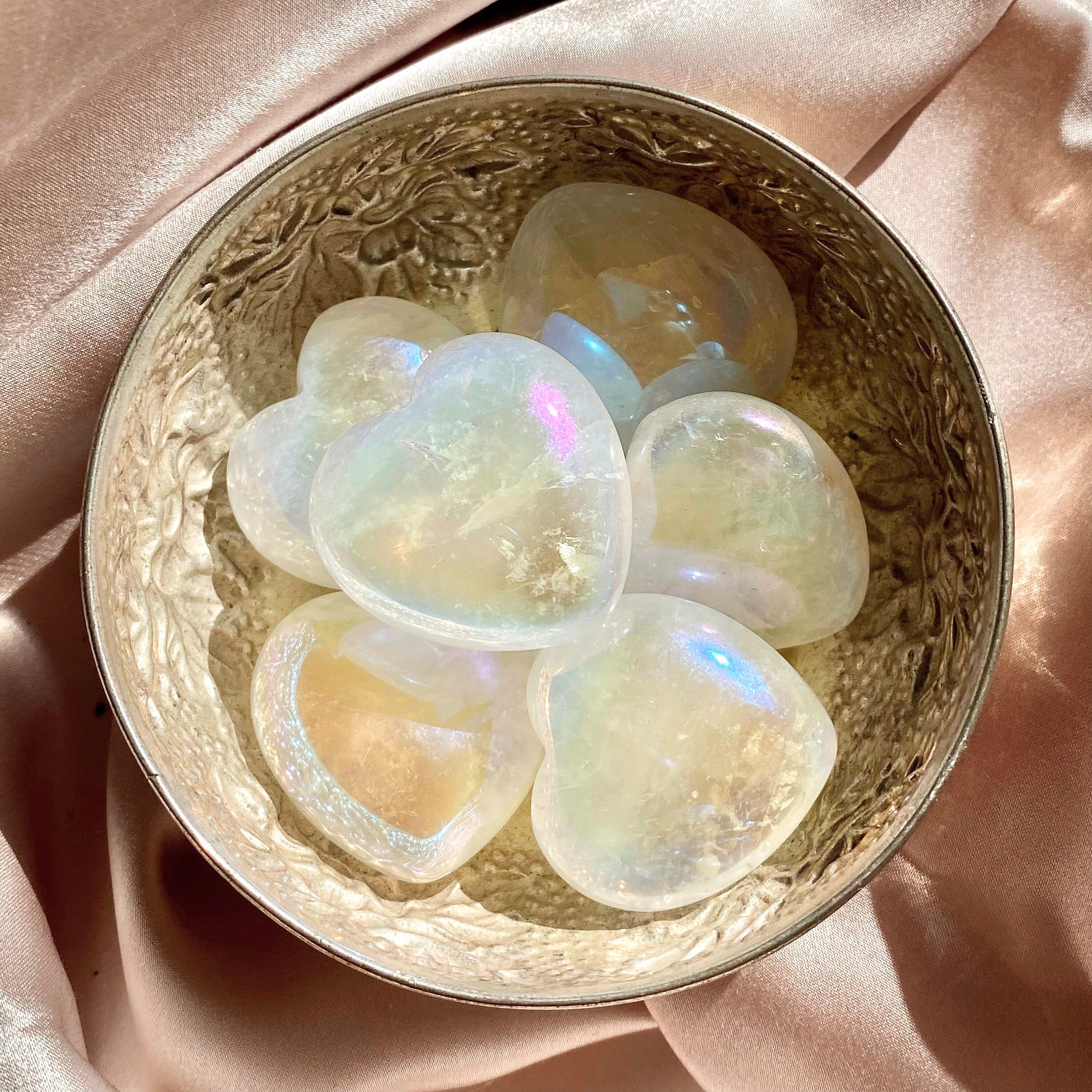 Angel Aura Quartz Heart Palm Stone Crystal | White Gold Blue Flashy ...